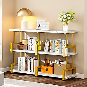 YITAHOME Gold Bookshelf, 3-Tier Modern Bookcase Open Book Shelf Horizontal Bookshelf for Living Room, Sleeping Room, Home Office, Faux Marble White