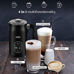 NELO Electric Milk Frother, 4 In 1 Digital Milk Frother and Steamer with Real-Time Temperature Control, Automatic Frother for Coffee, Latte, Hot Chocolate, Cappuccinos, BPA Free Stainless Steel, Black