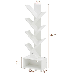 Hoctieon 6 Tier Tree Bookshelf, Tall Bookcase with Drawer, Freestanding Book shelf, Display Floor Standing Storage Shelf, Book Organizer Shelves for Home Office, Living Room, Bedroom, White
