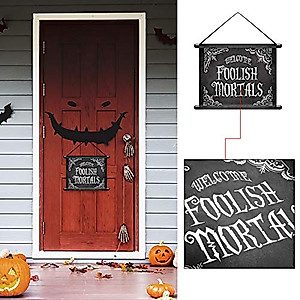 2 Pieces Halloween Gothic Mansion Banners Halloween Skull Hanging Banners with Welcome Foolish Mortals Porch Sign Spooky Halloween Pillar Sign Banner Decorations for Outdoor Halloween Party Supplies