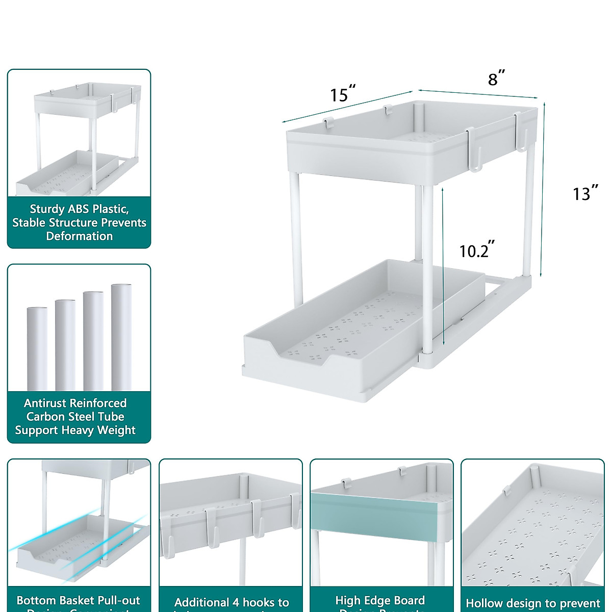 DEKAVA Cabinet, 2 Pack Under Sink Organizer, 2 Tier Sliding Bathroom Kitchen Organizer, Large White ABS Baskets, Easy Install & Clean