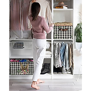 Easter Storage Bins with Handles, Rabbit Ears Eucalyptus Leaves Flower Black Buffalo Plaid Storage Basket for Shelves, Cube Storage Organizer Bins for Toys, Closet (1 Pack, 15" x 11" x 9.5")