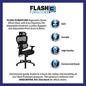 Flash Furniture LO Ergonomic Mesh Office Chair with 2-to-1 Synchro-Tilt, Adjustable Headrest, Lumbar Support, and Adjustable Pivot Arms in Black