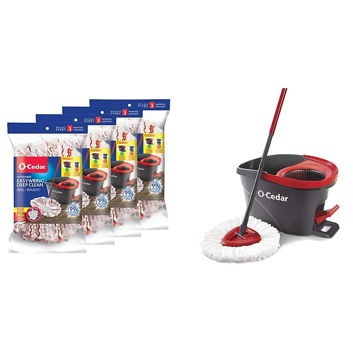 O-Cedar EasyWring Deep Clean Refill (4-Pack) | 40% More Cleaning Power | Microfiber Mop Refill + O-Cedar EasyWring Microfiber Spin Mop, Bucket Floor Cleaning System, Red, Gray
