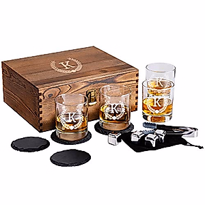 Froolu Personalized Whiskey Glasses Set in Wooden Gift Box - Includes 4 Scotch Glasses, 4 Natural Slate Coasters, 8 Chilling Stones & Tongs - Great Mens Home Bar Gift for Him, Husband, Dad
