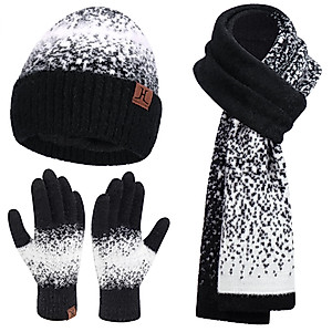 Womens Winter Knit Beanie Hats and Touchscreen Gloves Long Scarf Set with Warm Fleece Lined Skull Caps Gloves Scarves for Women