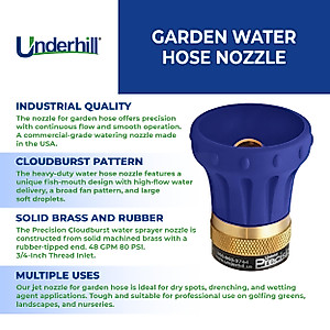 Underhill Precision Cloudburst Garden Water Hose Nozzle, Sprayer, 48 GPM 80 PSI, 3/4-Inch Thread Inlet, Heavy-Duty Brass and Rubber, HN4800