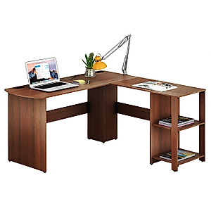 SHW L-Shaped Home Office Wood Corner Desk, Walnut