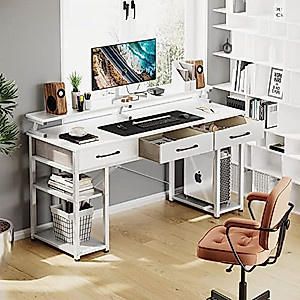 ODK Computer Desk with Drawers and Storage Shelves, 55 inch Home Office Desk with Monitor Stand, Modern Work Study Writing Table Desk for Small Spaces, White + White Leg