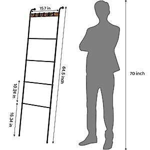 Blanket Ladder Metal Black Blanket Holder with Hooks Leaning Towel Rack Blanket Ladders for The Living Room Bathroom Bedroom (Matte Black)