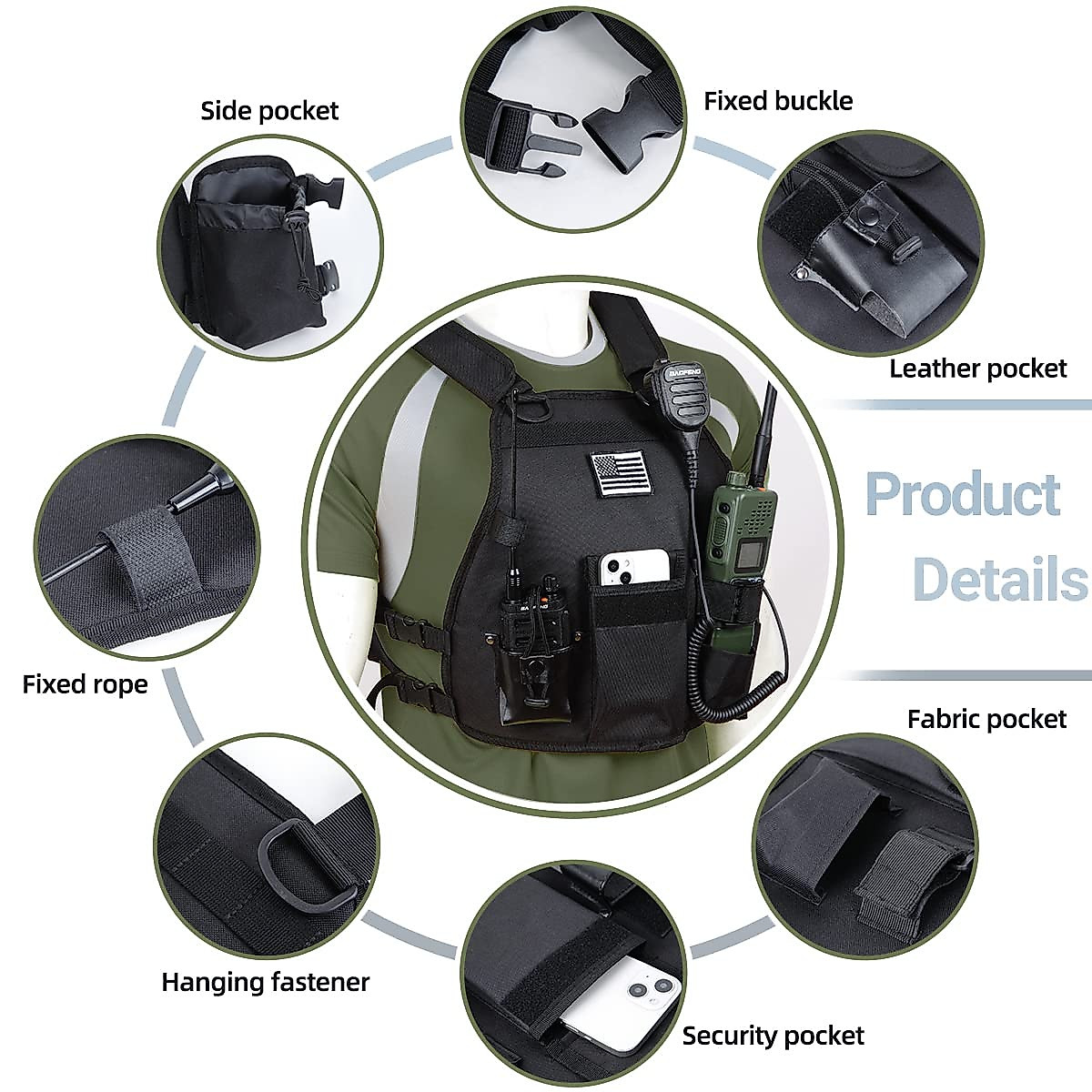 MANGEMA Heavy Duty Radio Harness Holder Tactial Chest Tool Pag Front Pounch Holster Pack MOLLE Vest Breathable 3D Mesh Liner Military Vest for Baofeng UV5R Motorola Kenwood Two Way Radio Walkie Talkie