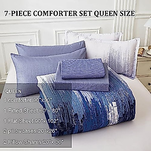 Navy Blue Comforter Set Queen,7 Pieces Bed in a Bag Colorful Abstract Art Gradient Comforter Soft Microfiber Bedding Set -1 Comforter, 1 Flat Sheet, 1 Fitted Sheet, 2 Pillow Shams,2 Pillowcases