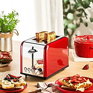 REDMOND 2 Slice Toaster Stainless Steel Toaster Wide Slots with Bagel Defrost Cancel Function 6 Bread Shade Settings for Bread waffles Auto Shutoff Red