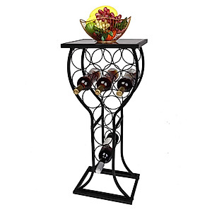 JOYBASE Freestanding Floor Wine Rack Table, Holds 11 Bottles, Metal with Marble Veneer Top, Wine Table Display Rack, Black