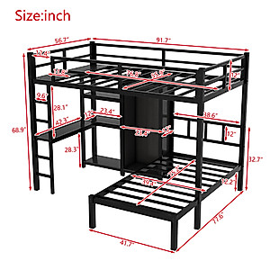 Full XL Over Twin Bunk Bed with Desk and Storage Shelf, Heavy Duty Bunk Bed with Wardrobe and Guardrail, Full XL Over Twin Bunk Bed for Teens, Kids, L-Shaped Bunk Bed Balck