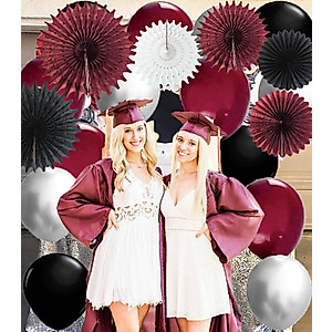 Graduation Decorations Maroon Black 2024/Burgundy Black Graduation Party Decorations/Burgundy White Black Tissue Paper Fans for Maroon Black Birthday Party Bridal Shower/Maroon Graduation Decorations