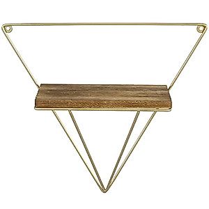 MyGift Wall Mounted Burnt Wood Floating Shelf with Brass Metal Rectangular Frame, Decorative Hanging Display Wall Decor