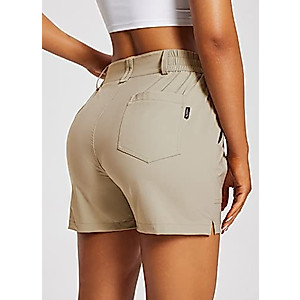 BALEAF Women's 4.5" Hiking Shorts Quick Dry Rip Stop Lightweight Athletic Shorts Stretch with Chop Pork Pockets Zipper UPF 50+ Khaki M