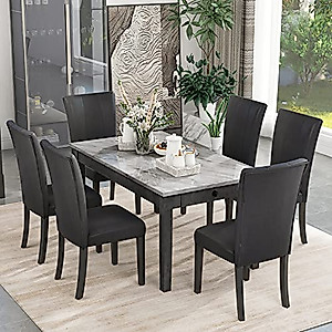 RUNWON Luxury 7-Piece Set-Faux Marble Top Table with 2 Drawers and 6 Comfortable PU Leather Chairs-Elevate Your Home Dining Experience, Black