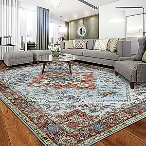 RUGSREAL Washable Rugs 8x10 Living Room Rug Large Rug Boho Carpet Oriental Distressed Rugs Bohemian Carpet Non-Slip Area Rugs for Dining Room Farmhouse Bedroom Office Home Decor