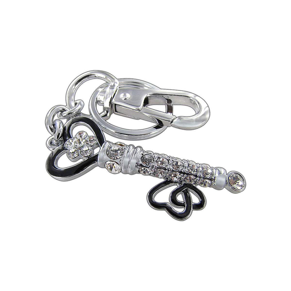 Beautiful sparkling key with hearts charm/key chain. Silver and black surrounded in crystals. Made of chrome coated solid metal that will not bend. Has a long-lasting shine.