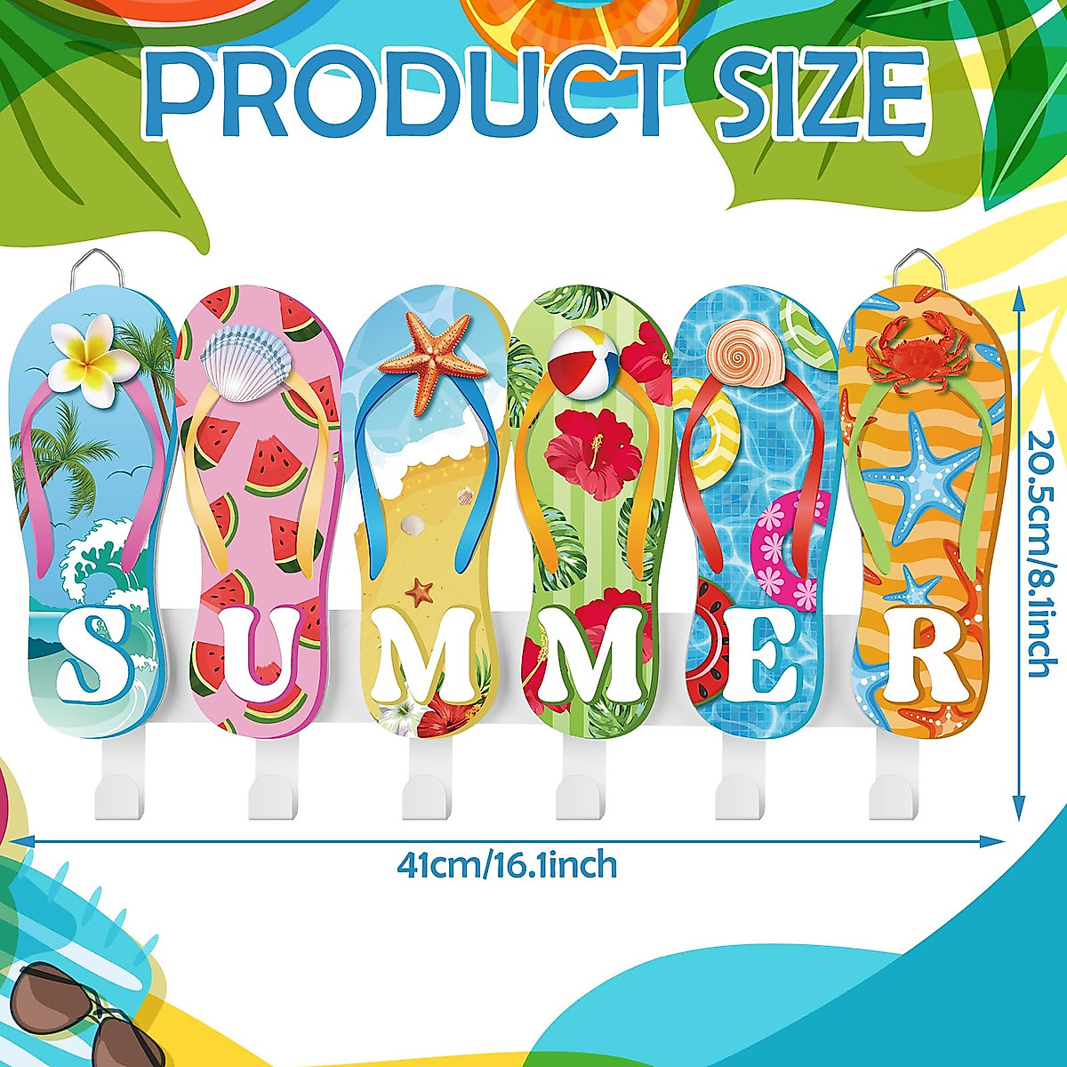 Teenyyou Pool Towel Hooks Flip Flop Shaped Wooden Ornament Hooks with 6 Hooks Hawaii Decorative Wall Hooks Sandal Towel Rack Hangers for Beach Area Outdoor Swimming Pool Bathroom Bedroom Decoration