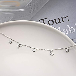 Dainty Star and Moon Anklet 925 Sterling Silver CZ Crystal Adjustable Dangle Charm Beach Foot Anklets Bracelet Summmer Foot Jewelry for Women (Silver)