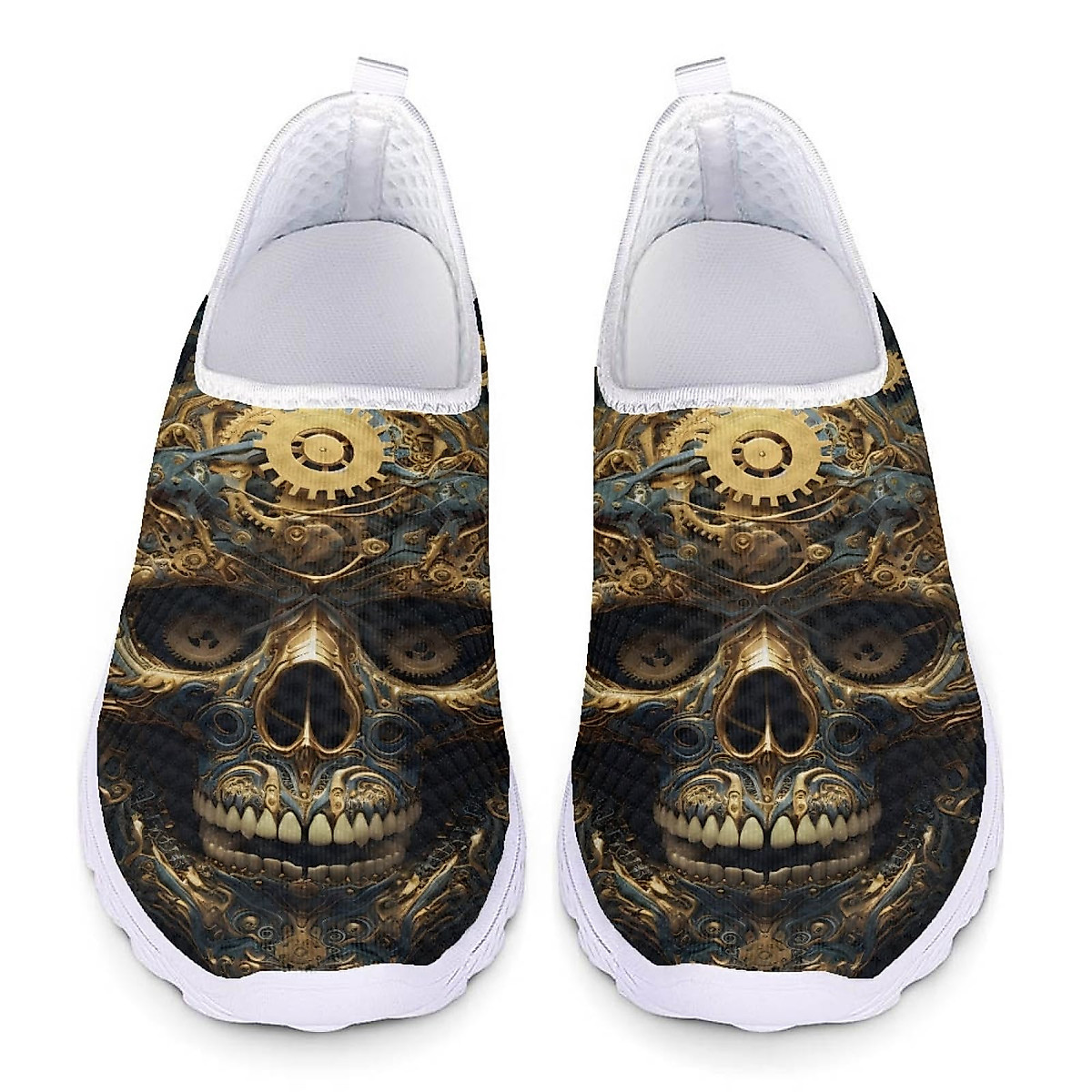 Golden Skull Sneakers Slip Resistant Print Shoes No Shoelaces Slip On Walking Travel Shoes for Women Girls No Laces Mesh Shoes Heels Work Travel Mesh Slip On Shoes Arch Support Hands Free Sneakers