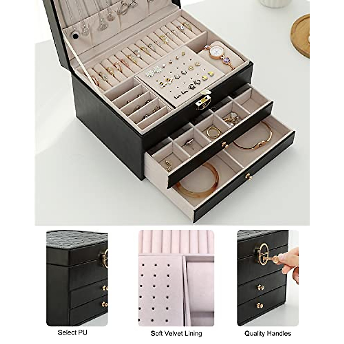 WUIIEN Jewelry Box 3-Layer Jewelry Organizer (Black) (WUIIEN-05)