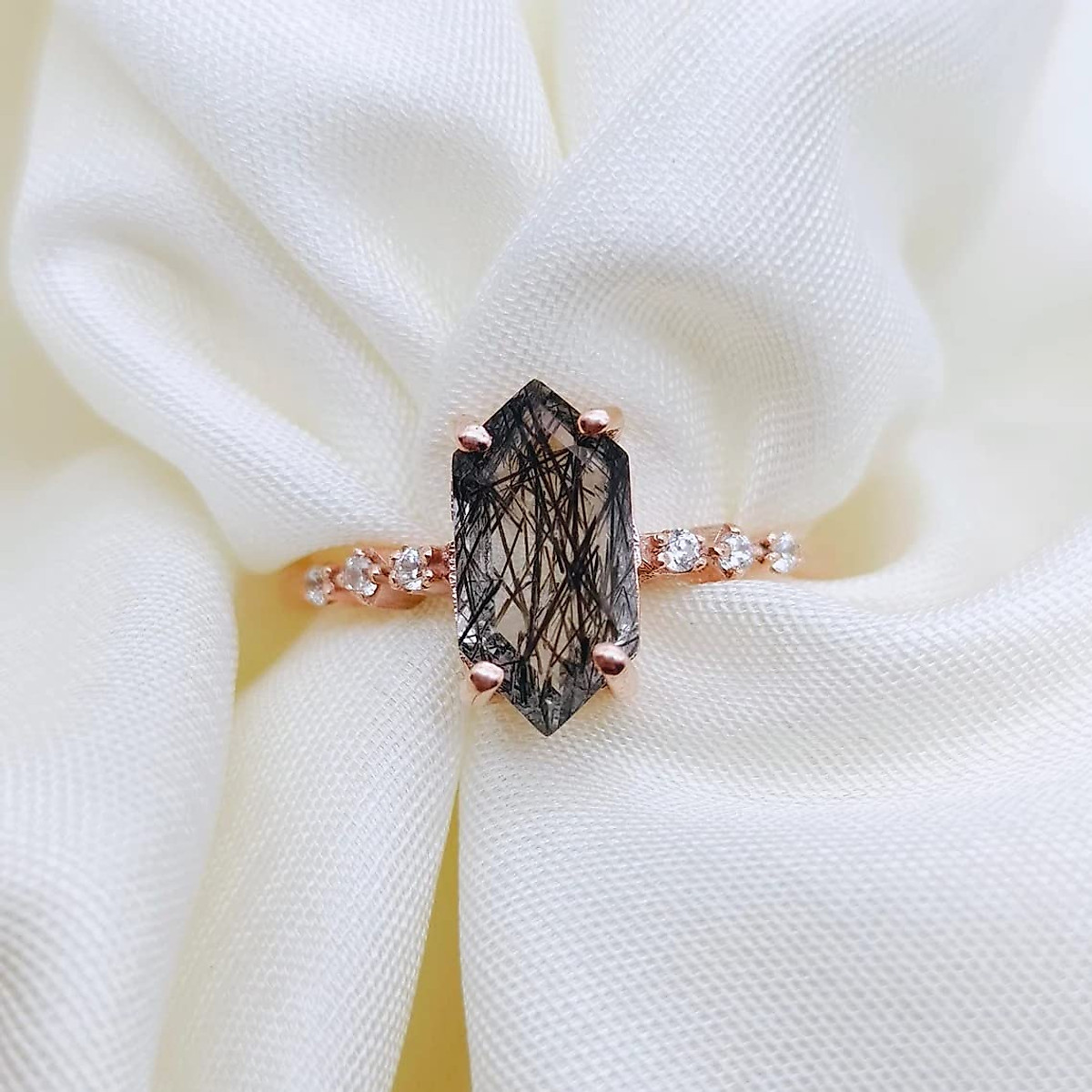 Rings For Women Natural Black Rutilated Quartz Hexagon Cut Ring, Tourmalinated Quartz Ring, Salt and Pepper Diamond, Gift Wedding Ring BY FOREVER GEMS & JEWELS, Rose Gold,White,Silver