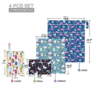 Waterproof and Reusable Wet Bag Diaper Stroller Water Resistant Swimsuit Travel Toiletries Yoga Gym Washable Carrier Small Medium Large Flamingo 4 Pack