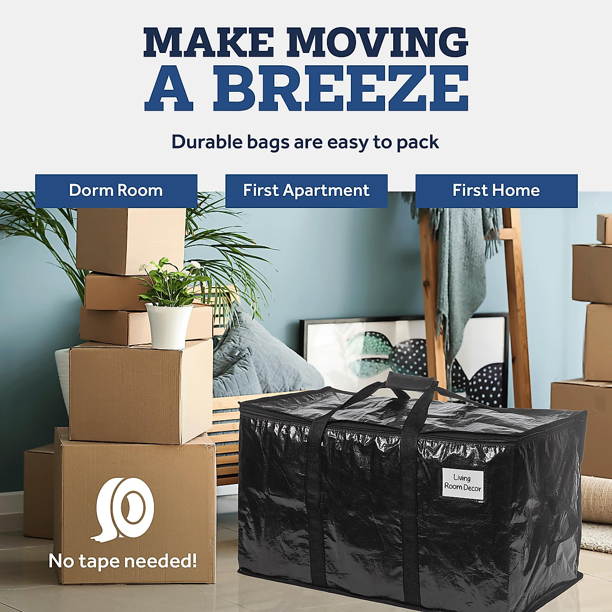 ZOBER Extra Large Moving Bags, Heavy-Duty Water-Resistant Storage Bags with Dual Zippers & Carrying Handles 2 Pack, 27" L x 14" W x 15" H