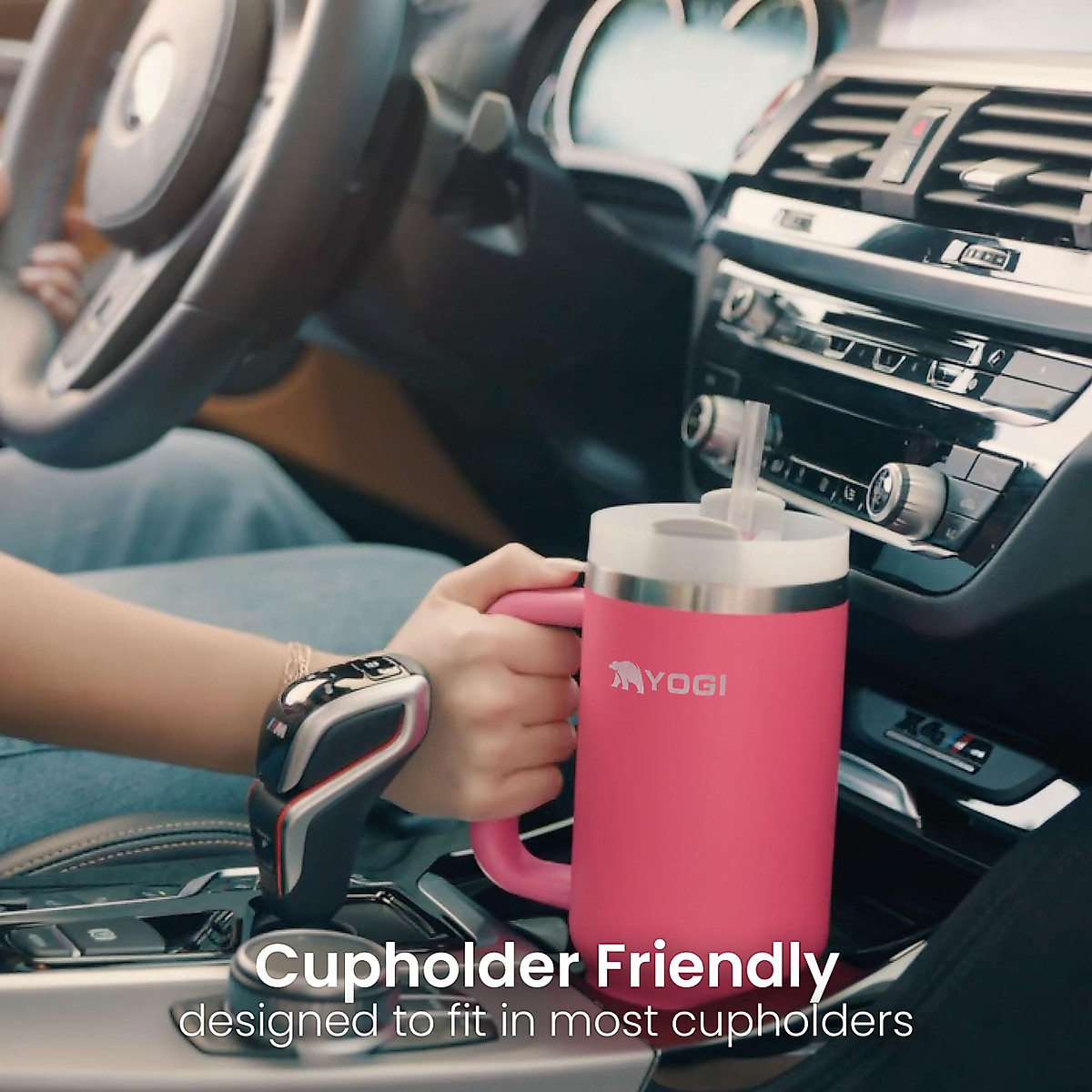 YOGI Ceramic Lined Tumbler with Handle and Straw Lid, Stainless Steel Travel Mug & Water Tumbler, Vacuum Sealed Cup with Handle - 40oz Fuchsia