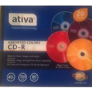 Ativa Assorted Colors CD-R 40x 700mb 80 min w/Jewel cases 20 pack