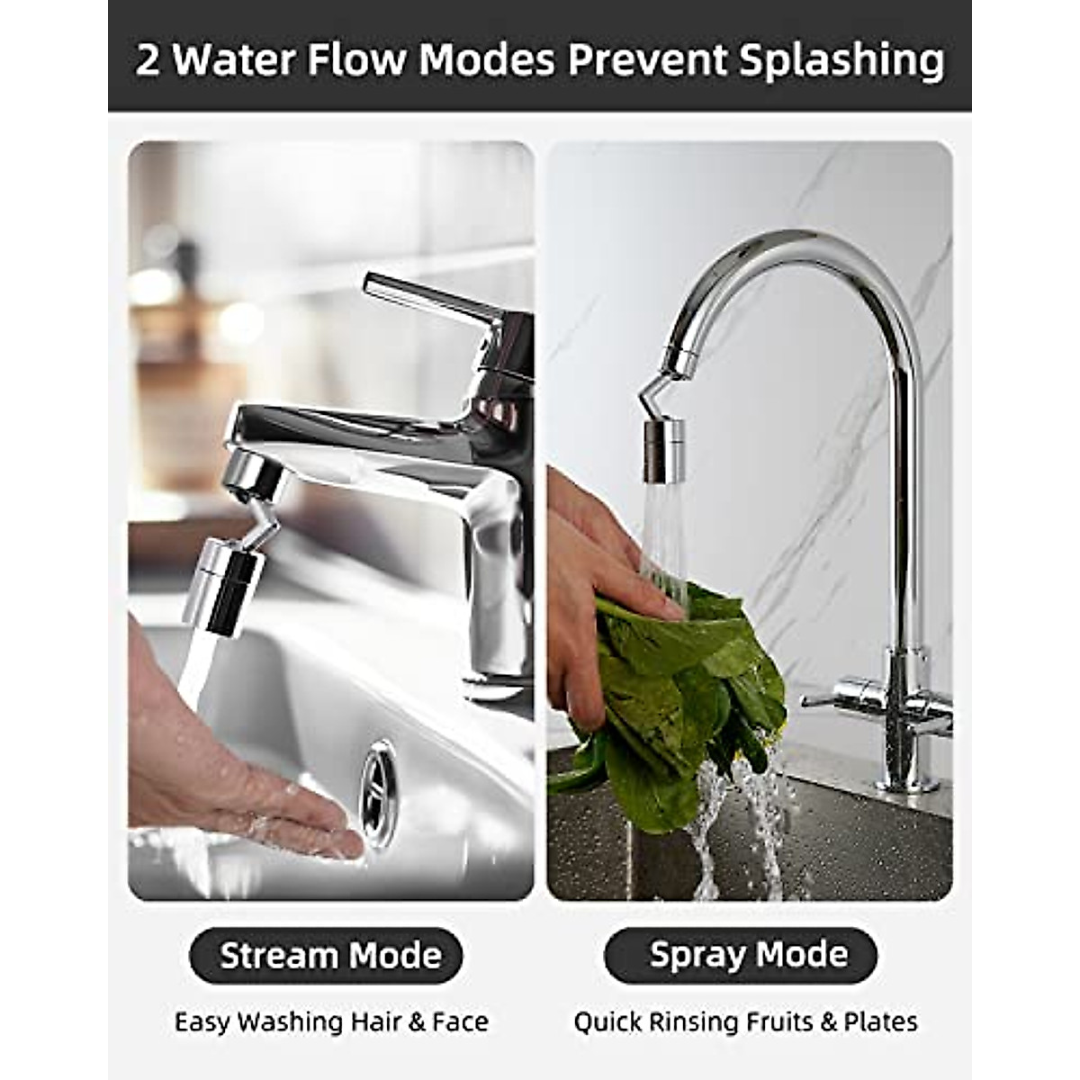 Hibbent Faucet Aerator, 720° Swivel Big Angle Spray Aerator, Solid Brass Dual Function Kitchen Sink Faucet Aerator, Bathroom Faucet Mounted for Face Washing, Gargle and Eye Flush, Chrome