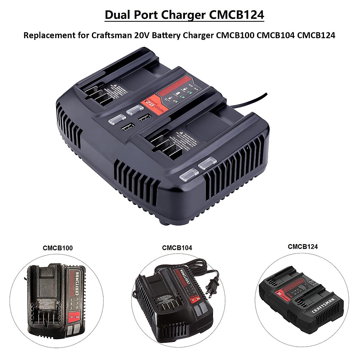CMCB124 Dual Port V20 Battery Fast Charger Replacement for Craftsman 20V MAX V20 Battery Lithium CMCB202 CMCB201 CMCB209 CMCB205 CMCB100 CMCB102 CMCB101