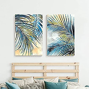 SunFlax Palm Tree Canvas Wall Art: Tropical Leaves Picture Nature Modern Botanical Artwork Abstract Plant Print Teal Watercolor Painting for Living Room Bathroom Bedroom