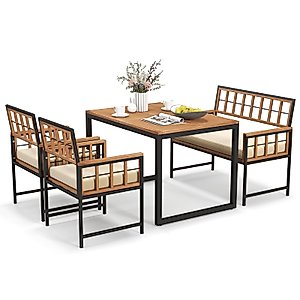 Tangkula 4 Piece Patio Dining Set, Outdoor Wood Dining Furniture W/ 2 Chairs & 1 Loveseat, 47” Acacia Wood Table W/Umbrella Hole, Cozy Seat Cushions, Outside Furniture Set for Backyard, Poolside