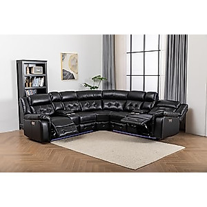Kingway Power Recliner Chair Sectional Couches with LED Light for Living Room, Electric Faux Leather Reclining Sectional Couch Sets with Storage Console for Home, Black