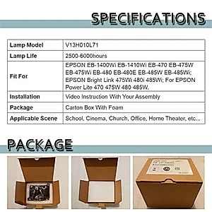 SJKSDHGF Replacement for elplp71 for epson EB-470 EB-475W EB-480 EB-485W EB-485Wi/ for PowerLite 470 475W 485W 475Wi 480i 485Wi V13h010l71(V13H010L71-CB)