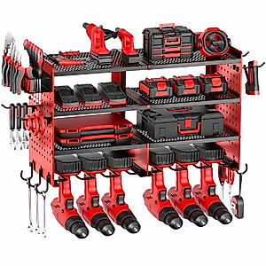 TomCare Power Tool Organizer Wall Mount 4 Layer Tool Storage Rack Heavy Duty Metal 6 Drill Holders Garage Tool Organizers and Storage Shelves with Screwdriver Holder Plier Holder for Garage Workshop