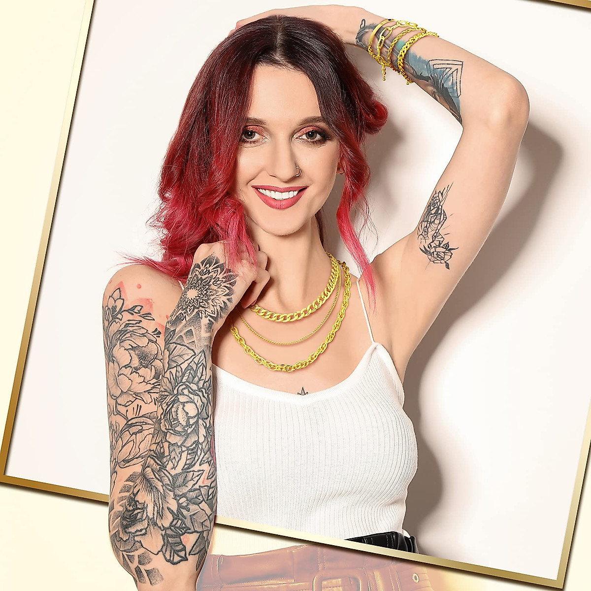 Glenmal 7 Pcs Halloween 90S Jewelry Set for Women Gold Necklace Bracelet Sets 80s Hip Hop Jewelry Gold Party Accessories (Classic)