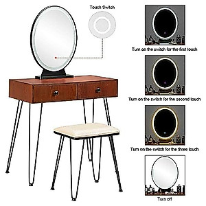 KJNS Brown Makeup Vanity Table Stool Set w/Touch Swith Light 2 Drawers Vanity Desk Makeup Vanity Side Tables Bedroom Vanity Table Portable Desk Vanity Set