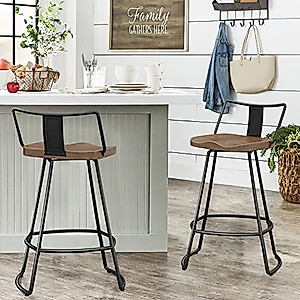 Yongqiang 24" Swivel Metal Bar Stools with Backs Set of 2 Industrial Kitchen Dining Bar Chairs with Wood Seat Matte Black