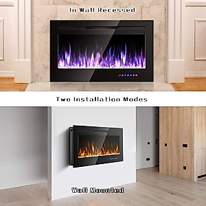 COSTWAY 36-Inch Electric Fireplace, 750W/1500W Wall Recessed and Mounted Fireplace Insert with Remote Control, 9 Flame Colors, 5 Brightness Settings, 8 H Timer, Fireplace Heater for Indoor Use