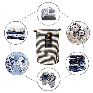 Deke Home Collapsible Laundry Basket Hamper. Round Striped Canvas Waterproof Large Storage bin Baskets. Storage Washing Clothes and Toys with Handles and drawnstring 13.3"x 18.5"