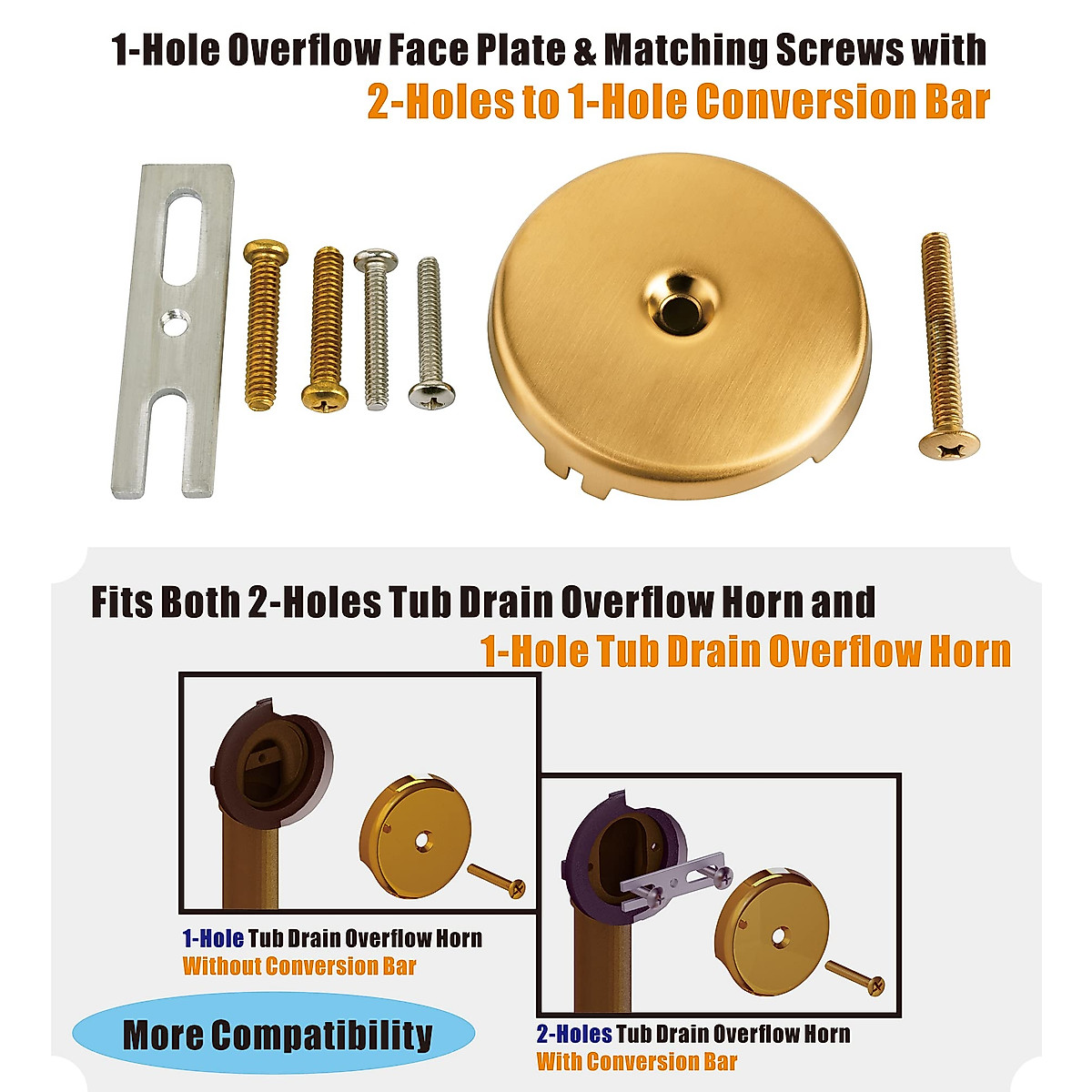 Gold Universal Tub Drain Tip Toe Tub Conversion Kit Assembly, Artiwell EZ Installation Bathtub Drain Replacement Trim Kit with 1-Hole Overflow Face Plate and Pop-Up Tub Stopper,Brushed Gold
