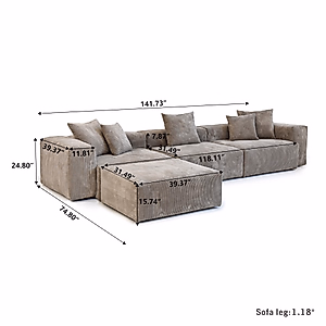 Sdorens 141.73" Modular Sectional Sofa, L Shaped Sofa Couch with Ottoman, Corduroy Fabric Brown Sofa Couch with 5 Pillows, Oversized Sofa Set for Living Room