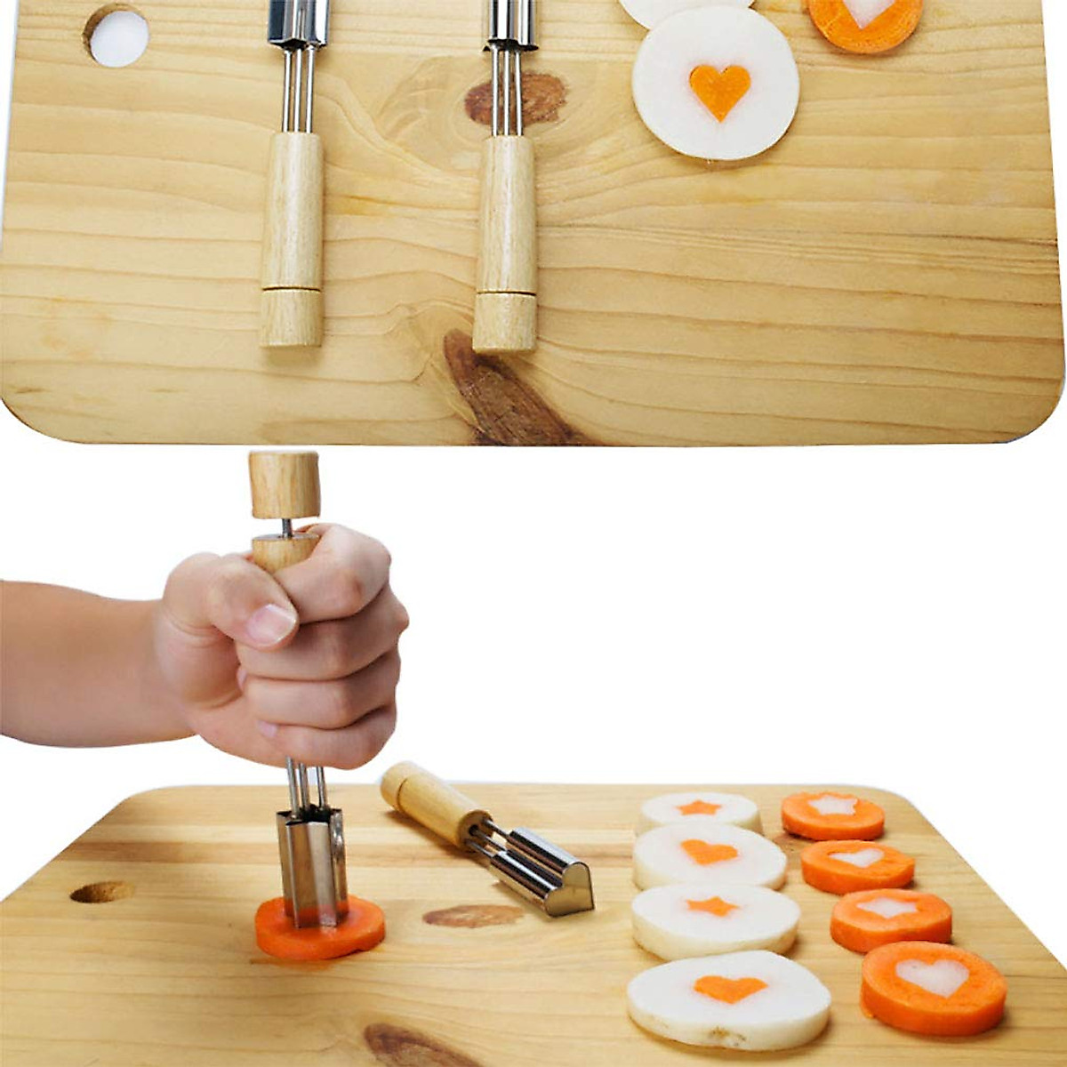 Goeielewe 3-Pack Vegetable and Fruit Cutter Shapes Set, Mini Pie, Stainless Steel Cookie Stamps Mold with Wood Handle, Cookie Cutter Decorative Food for Baking Crafts - Flower, Heart, Star