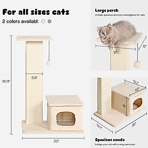 Small Cat Tree, 31 Inches Tall Cat Scratching Post with Perch & Condo, Natural Woven Sisal Cat Post Sctacher, Kitten Scratching Posts for Indoor Cats, Cat Scratch Tower with Fluffy Ball, Beige